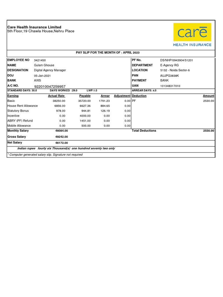 April 2023 Salary Slip Details | PDF