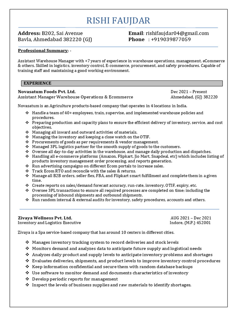 RISHI Faujdar CV-2 | PDF | E Commerce | Warehouse