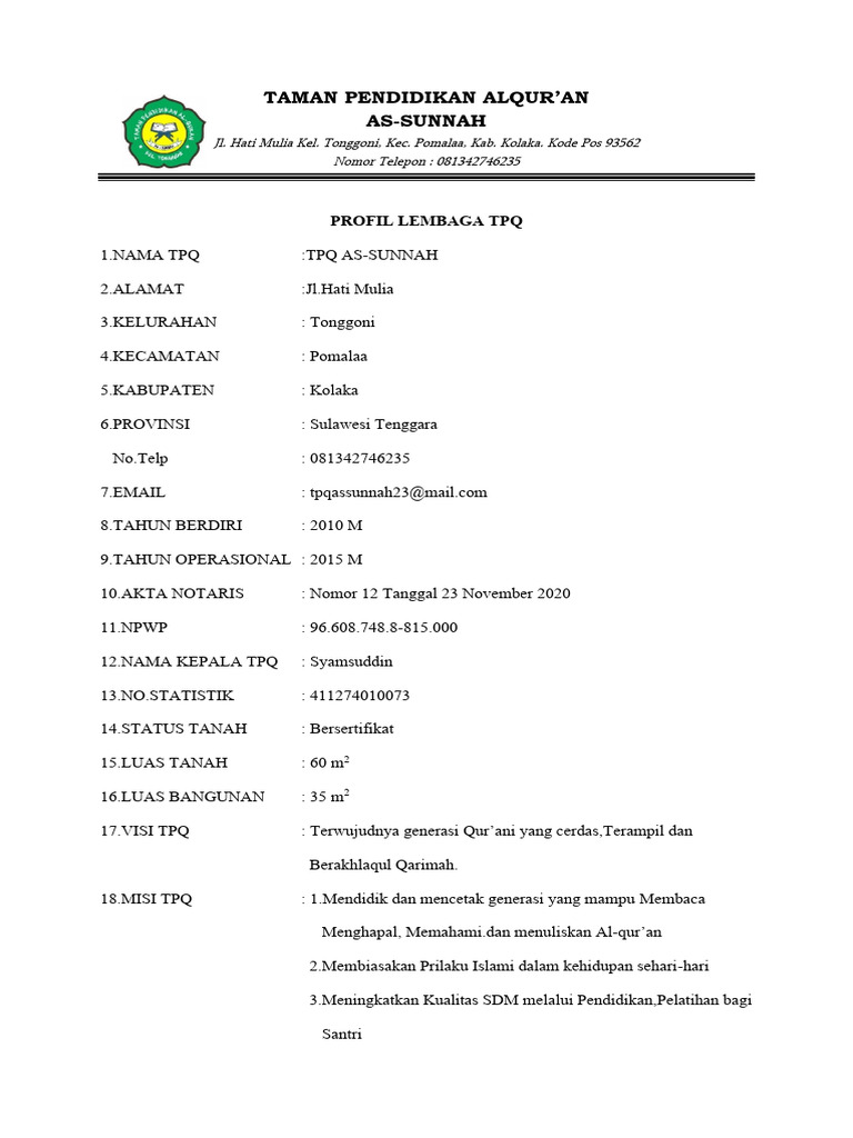 Profil TPQ As-Sunnah | PDF
