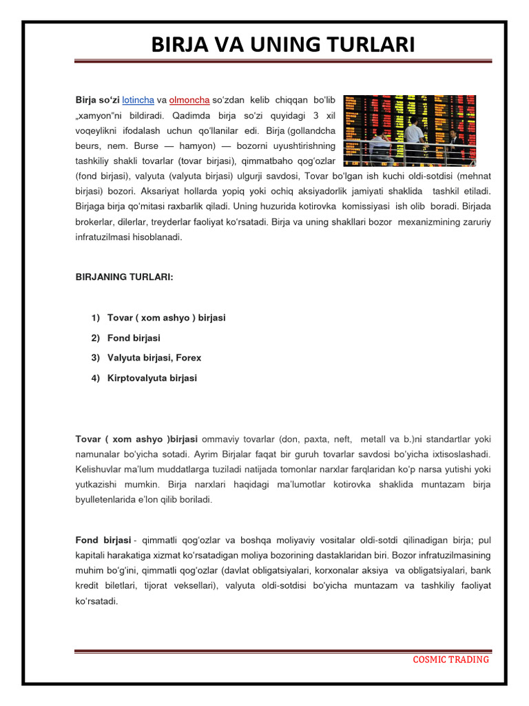 1-Dars. Birja Va Uning Turlari | PDF