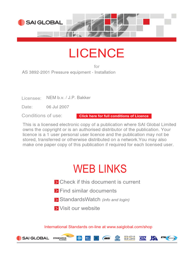 As 3892-2001 Pressure Equipment - Installation | PDF | Safety | License