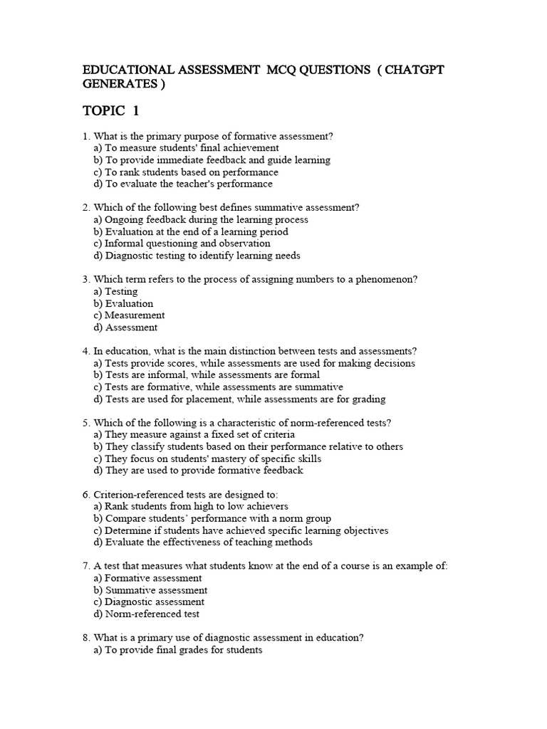 Educational Assessment MCQ Ques | PDF | Educational Assessment | Multiple Choice