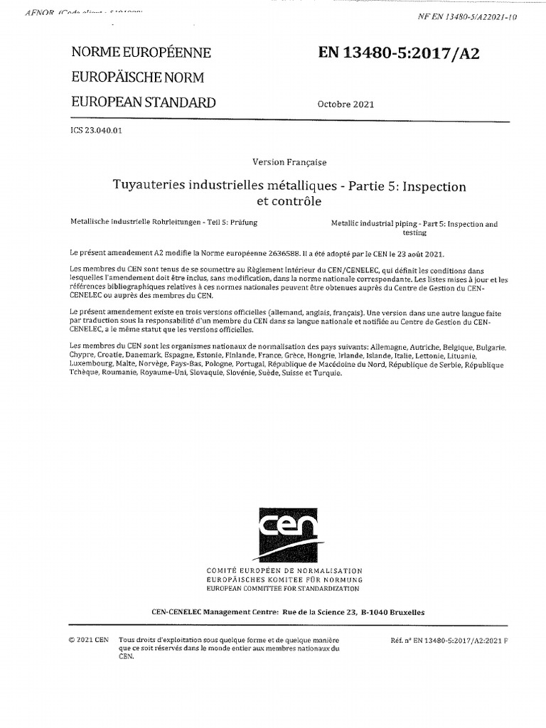 EN 13480-5 2017-A2 Tuyauterie Industrielle Métallique Partie 5 ...