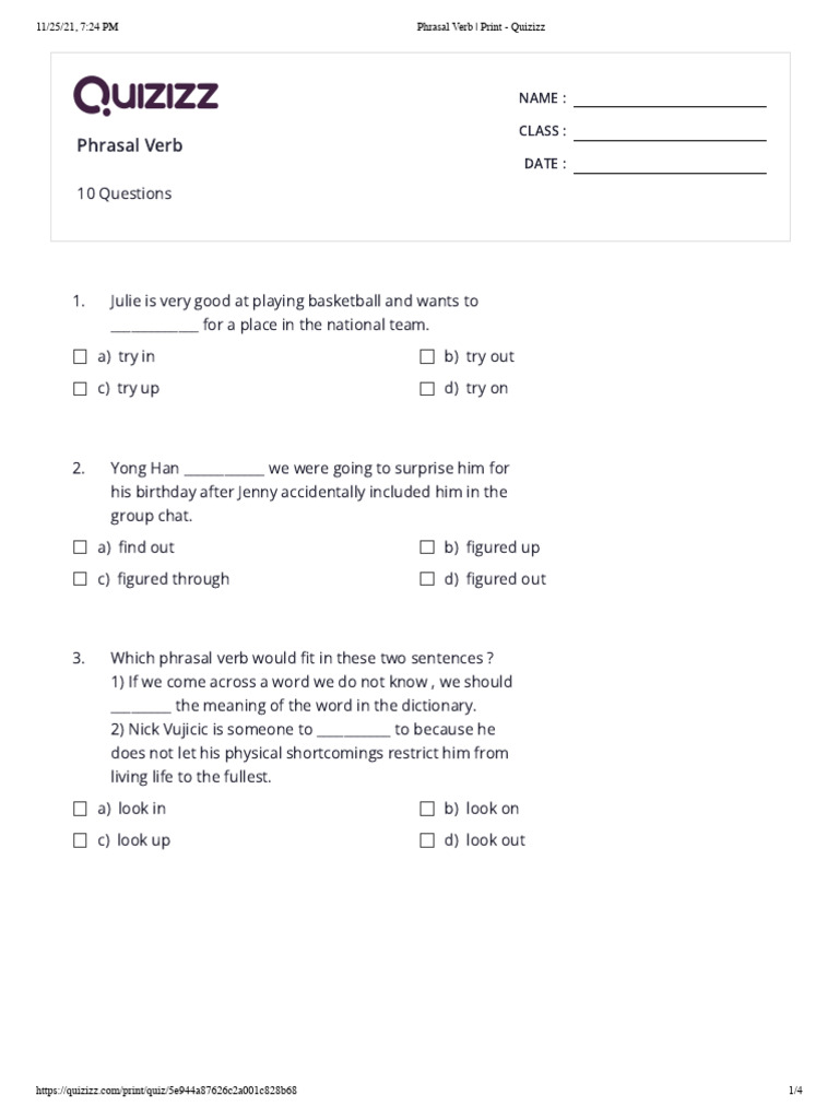 Phrasal Verb - Print - Quiz 2 | PDF | Grammar | Linguistics