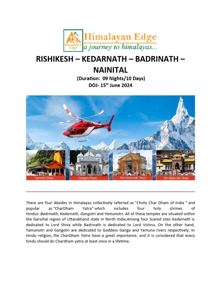 Ex Delhi Rishikesh Kedarnath Badrinath Yatra With Nainital Tour Accommodation Only 09N-10D | PDF