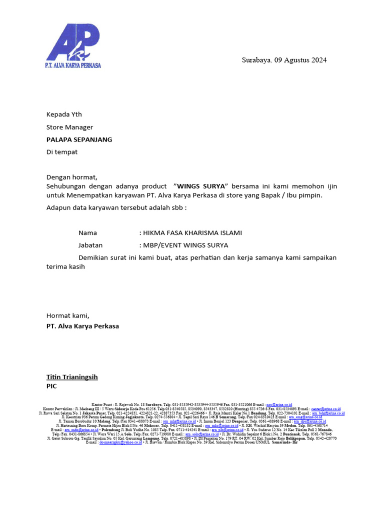 Penempatan Karyawan PT Alva di PALAPA SEPANJANG | PDF