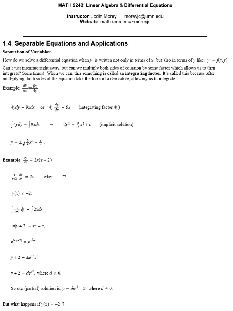 1 4 Separable Equations Pdf Equations Calculus