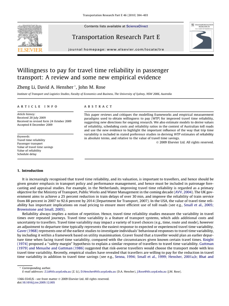Willingness To Pay For Travel Time Reliability in Passenger Transport ...