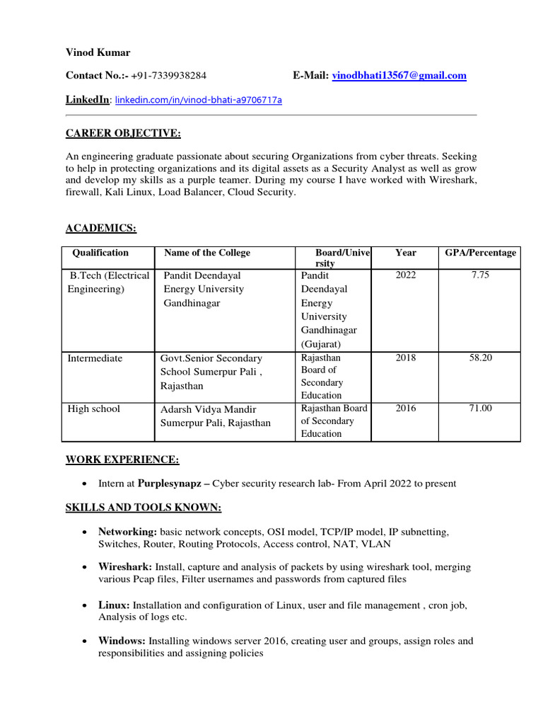 Vinod Bhati Resume | PDF | Firewall (Computing) | Computer Network