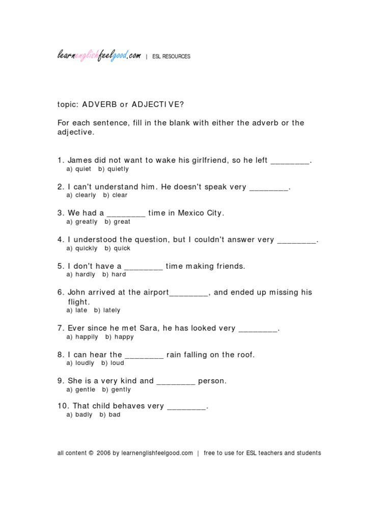 Adverb vs Adjective Quiz for ESL | PDF | Foreign Language Studies ...