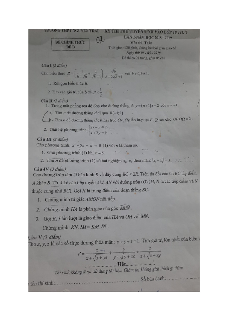 De Thi Thu Vao Lop 10 Truong THPT Nguyen Trai Nam Hoc 2018 2019 | PDF