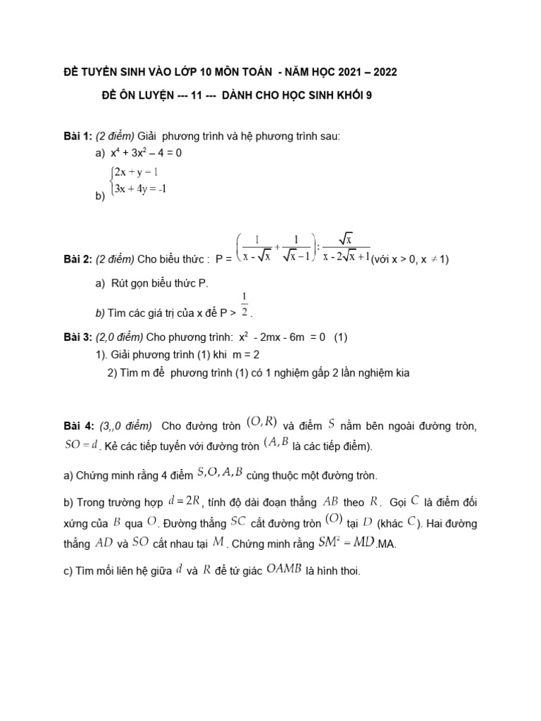 De On Luyen Thi Vao Lop 10 Mon Toan de So 11 | PDF