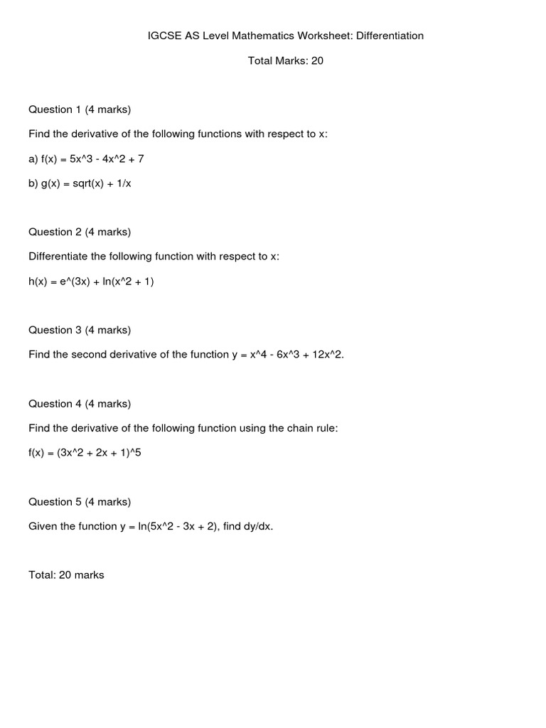 Igcse As Level Differentiation Worksheet With Answers Pdf