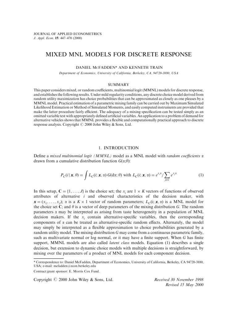 21 J of Applied Econometrics - 2000 - McFadden - Mixed MNL Models For Discrete Response | PDF ...