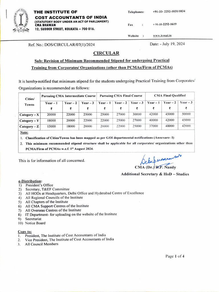 Revised Stipend for CMA Practical Training | PDF | Accounting