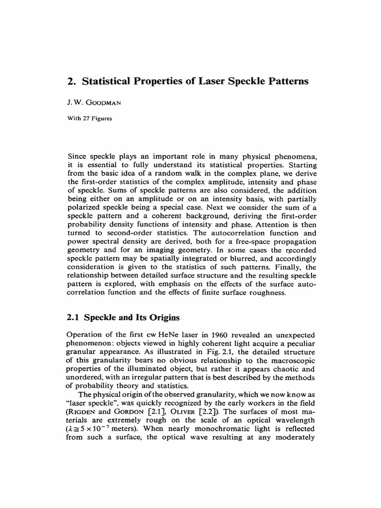 3.statistical Properties of Laser Speckle Patterns | PDF | Polarization (Waves) | Coherence ...