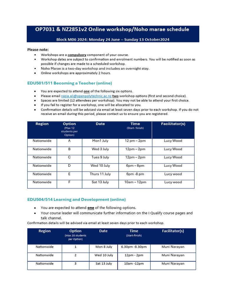 2024 Online Workshop Schedule for EDU Courses | PDF
