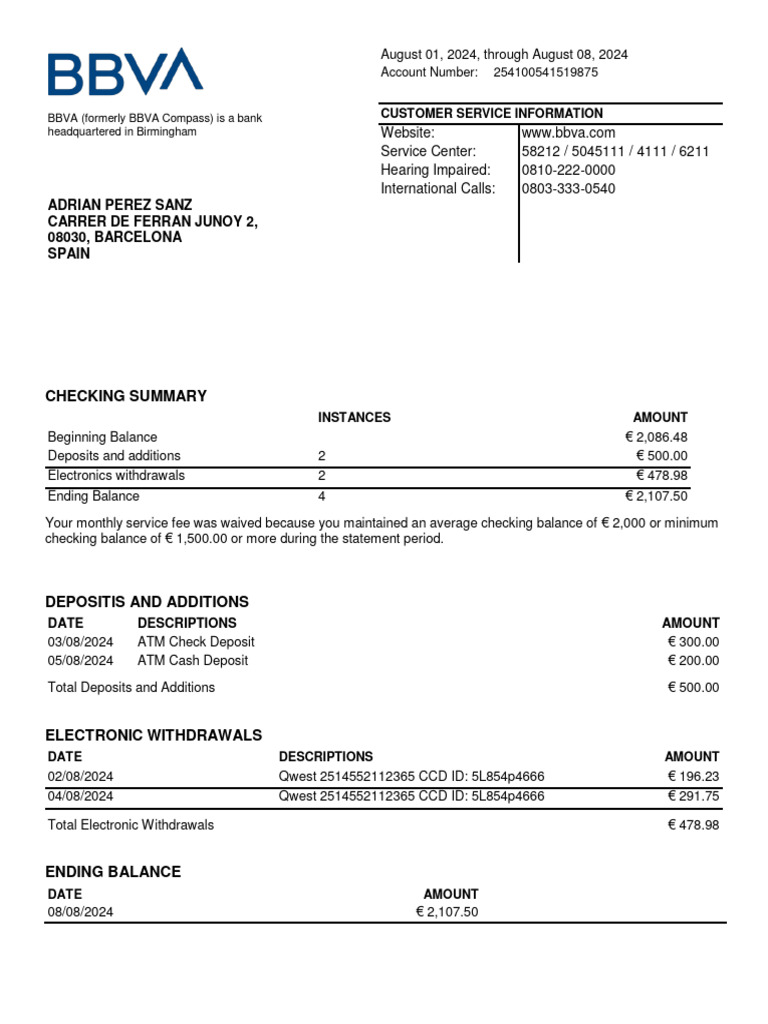 BBVA Bank Statement Summary August 2024 | PDF | Deposit Account ...