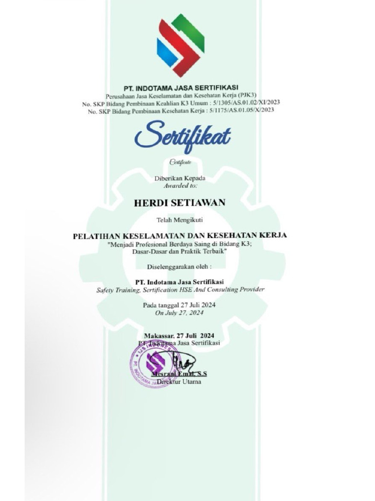 Sertifikat Training Herdi Setiawan | PDF