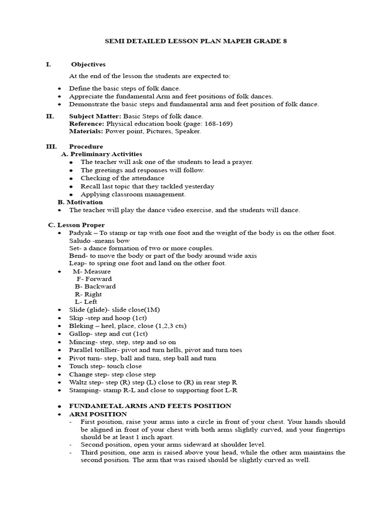 8th-SEMI DETAILED LESSON PLAN MAPEH GRADE 1 | PDF | Foot | Dances