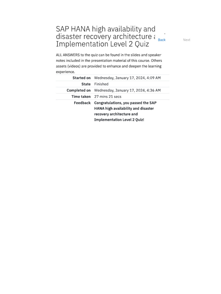 SAP HANA High Availability and Disaster Recovery Architecture and Implementation Level 2 Quiz | PDF