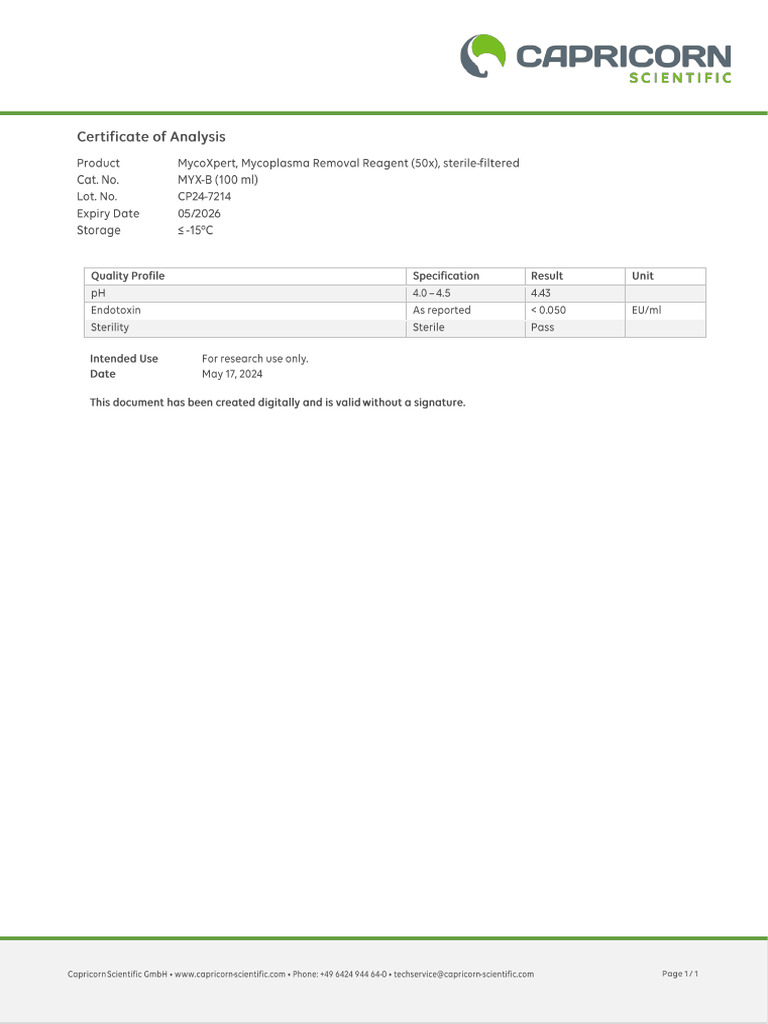 CoA Mycoplasma Removal Reagen (50x), Capricorn Scientific MycoXpert | PDF