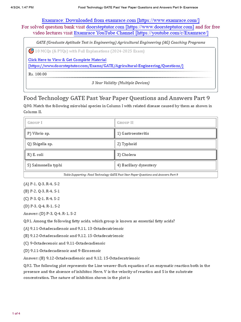 GATE Food Technology Past Paper Part 9 | PDF