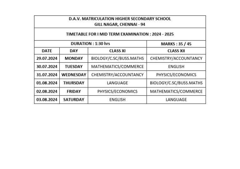 Class XI & XII Mid Term Exam Timetable | PDF