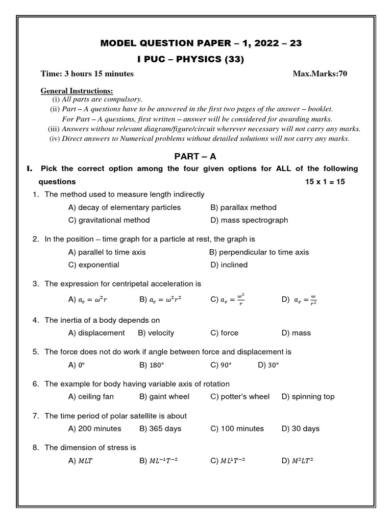 I Puc New Model Question Papers 2023 | PDF | Force | Gases