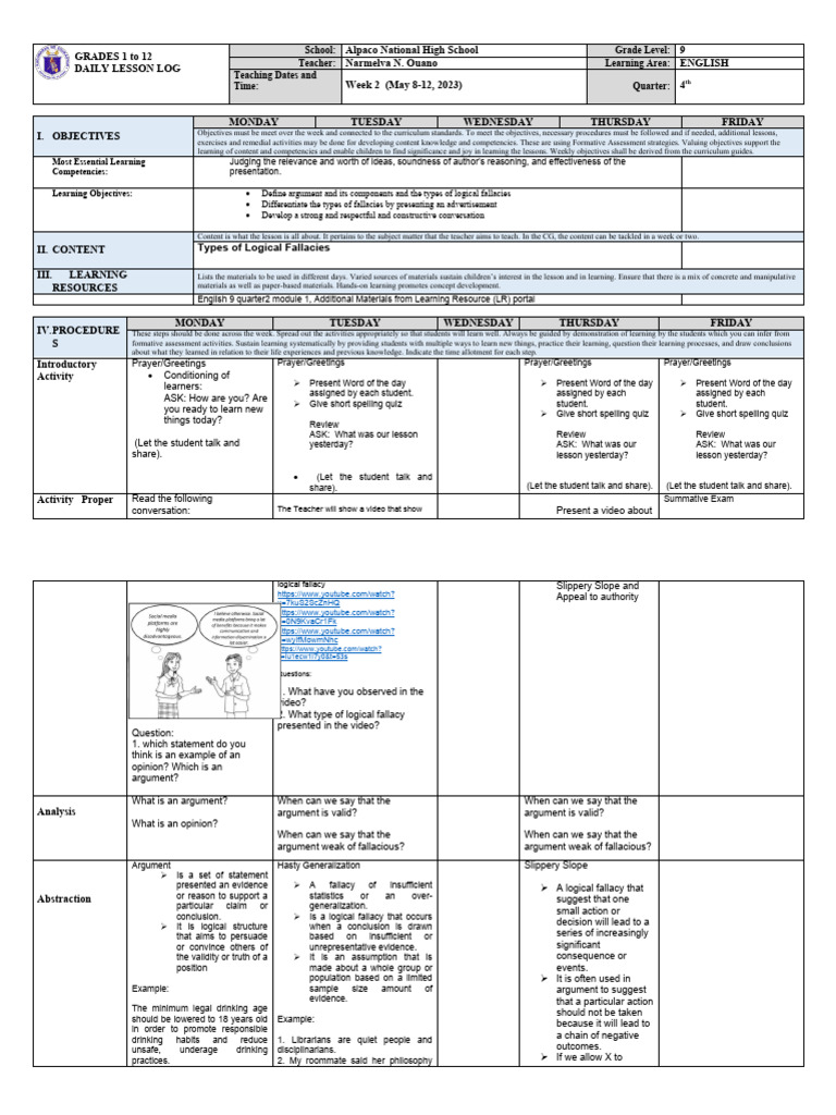 English 9 Lesson Plan | PDF | Argument | Fallacy