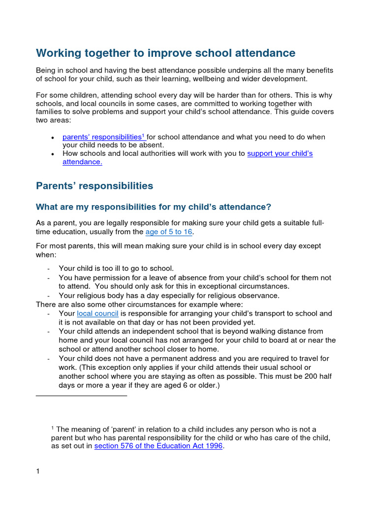 DFE Guide For Parents On School Attendance | PDF