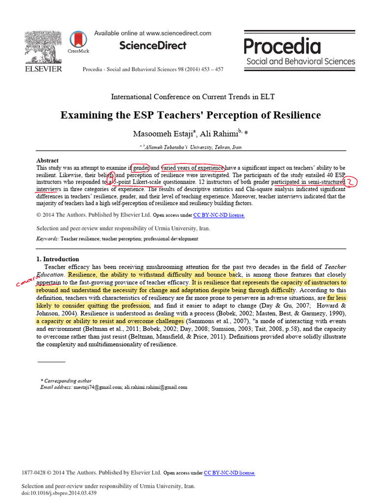 Examining The ESP Teachers' Perception of Resilience - Definition of Resilience | PDF ...