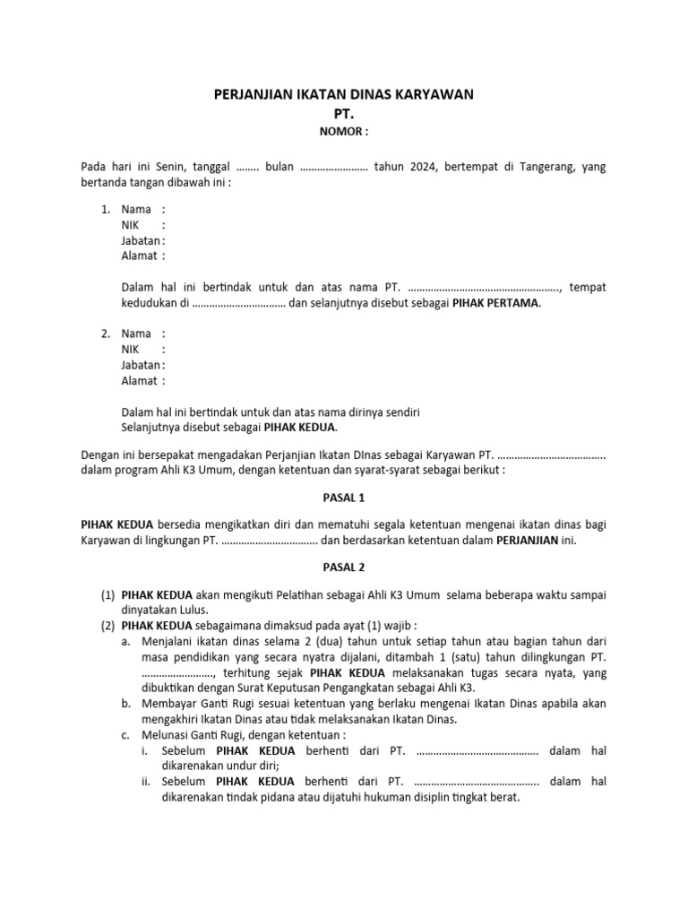 Perjanjian Ikatan Dinas Karyawan Pdf