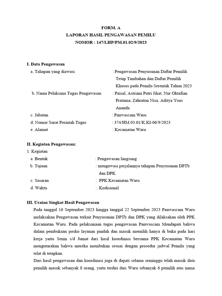 FORM. A KEC. WARU DPTB DAN DPK 16-22 September 2023 | PDF