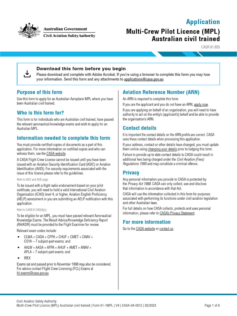 Multi Crew Pilot Licence Application Australian Civil Traine Form 61 ...