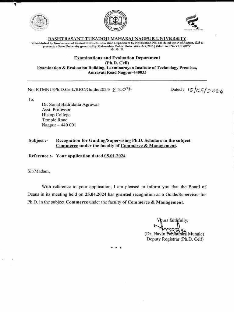 Ph.D. Supervisor Recognition Letter (B.O.D. 24.04.2024) | PDF