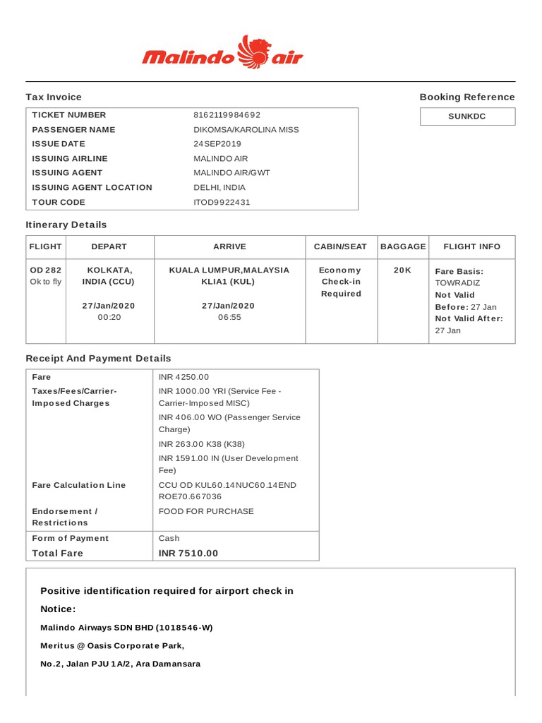 Electronic Ticket Receipt, Malindo Air | PDF | Civil Aviation | Aviation