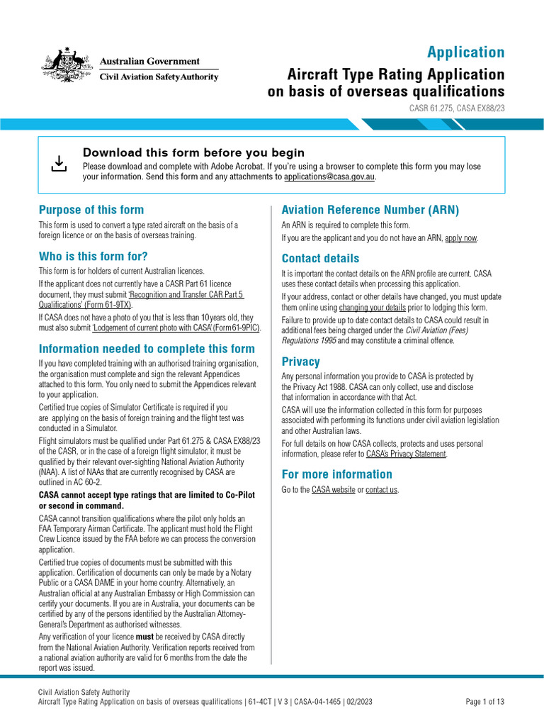 Application Aircraft Type Rating Basis Overseas Qualifications Form 61 ...