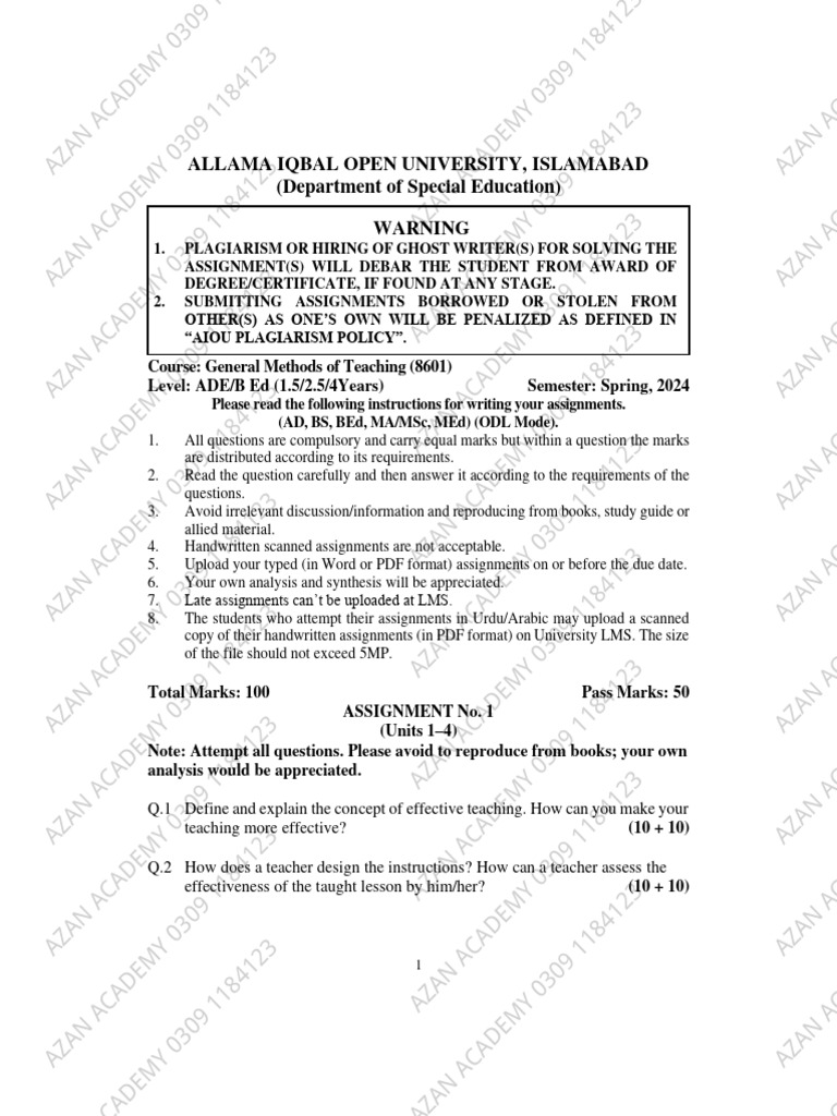 B.ED 1st (SEM) Assignment QP SPRING 2024 AZAN ACADEMY 03091184123. | PDF | Teachers | Learning