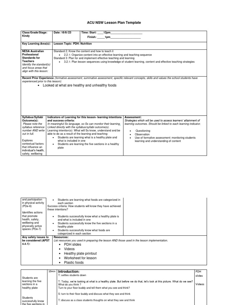Kindy Lesson Plan: Healthy Plate Nutrition | PDF | Educational ...