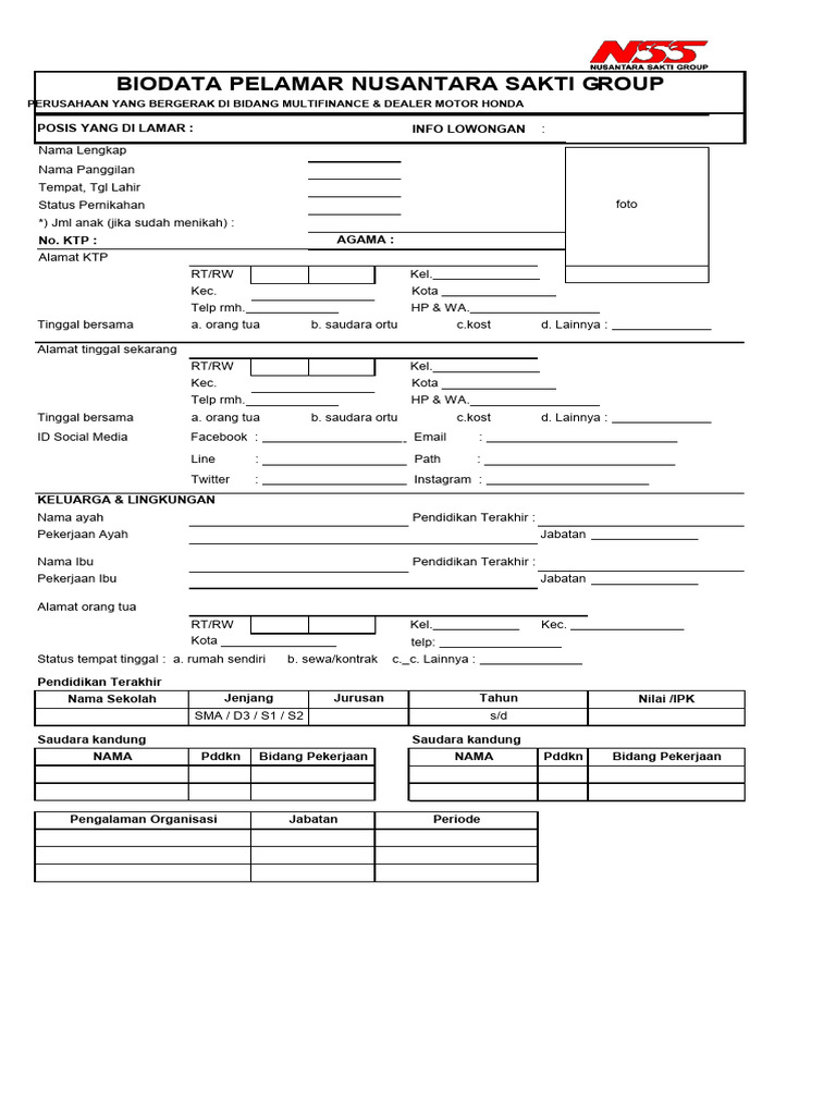 Biodata Pelamar Kerja Multifinance Honda | PDF