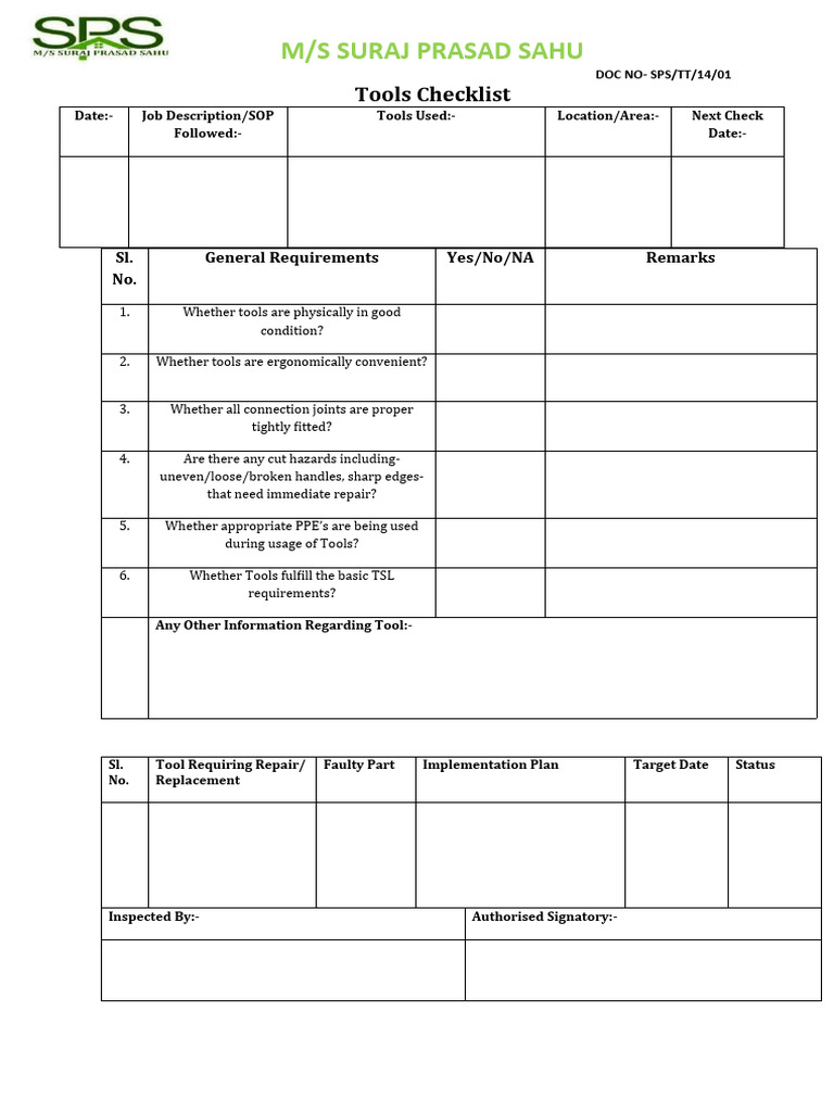 Tools & Tackles Checklist - New | PDF