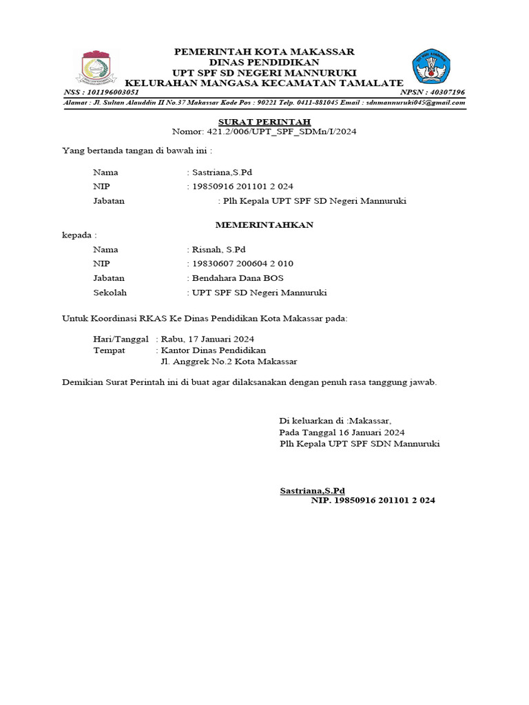 Surat Perintah UPT SPF SD Mannuruki | PDF