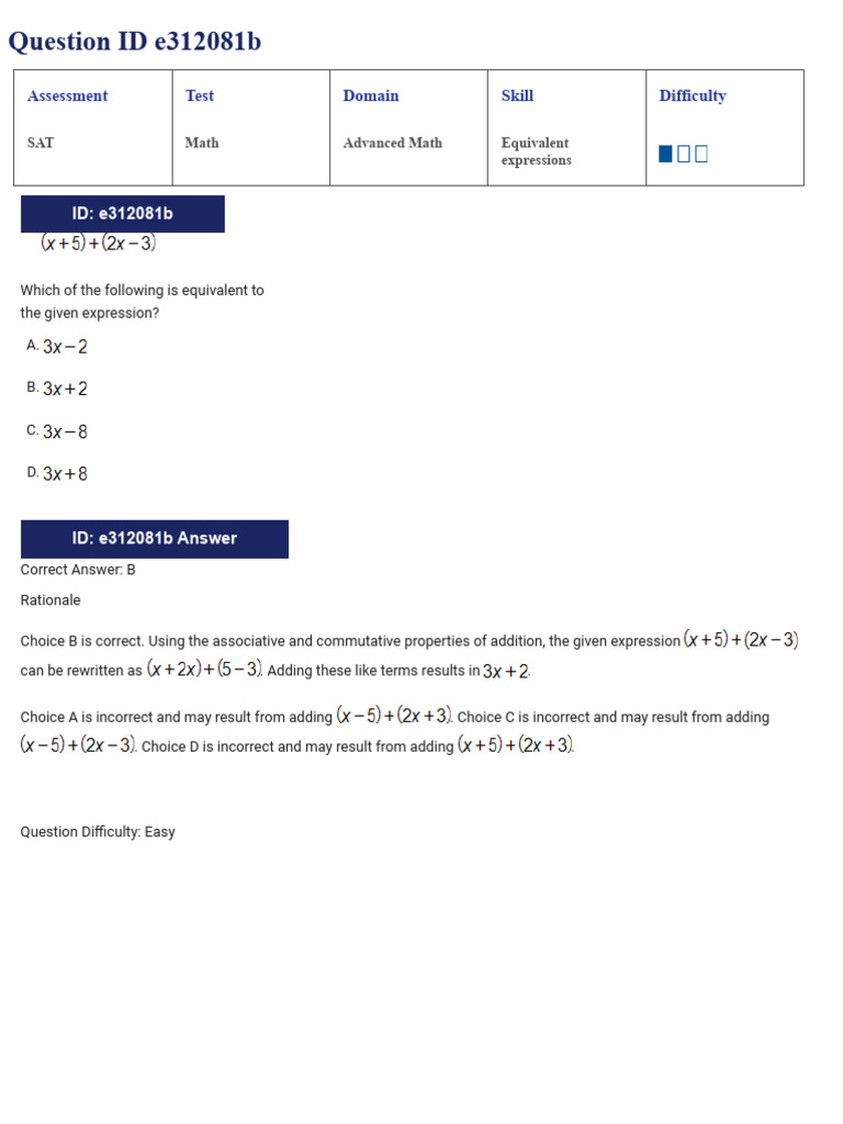 SAT Math Equivalent Expressions (Easy) Answers | PDF | Sat | Mathematics