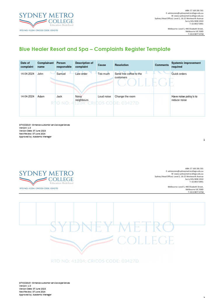 Blue Healer Spa Complaints Register | PDF