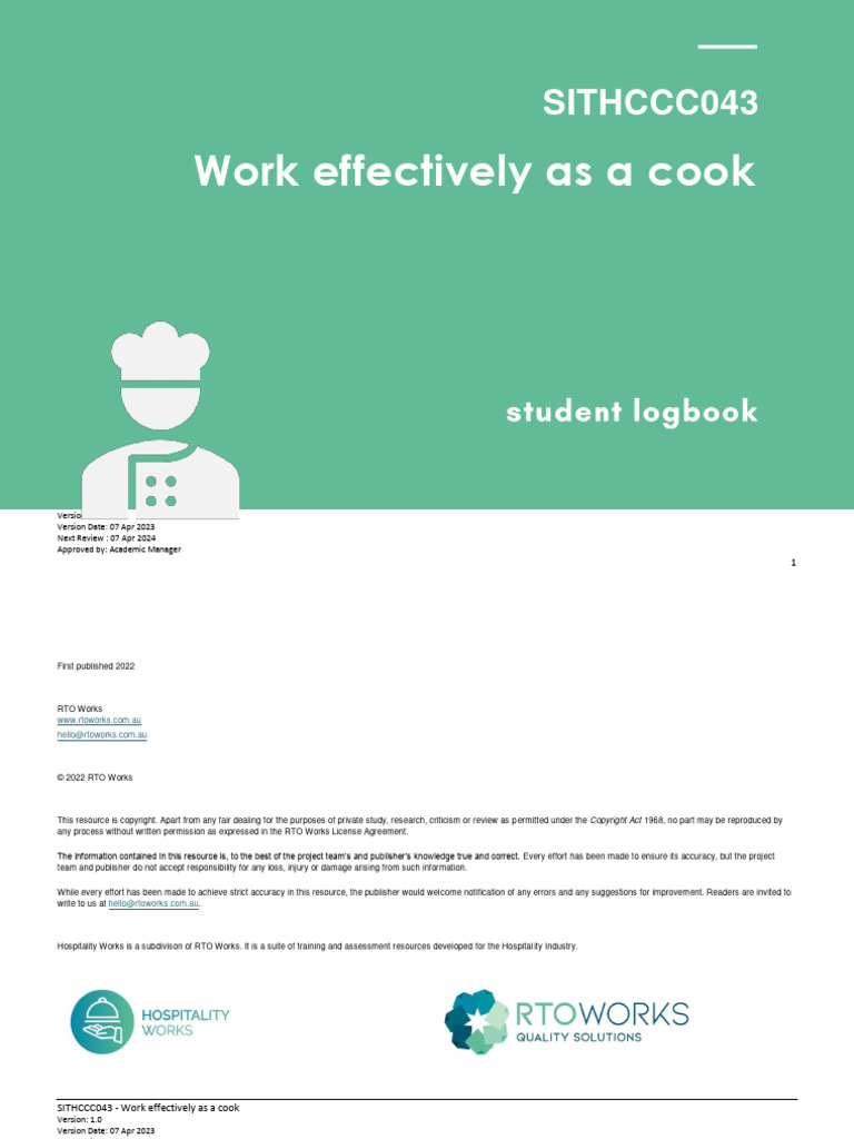 SITHCCC043 Student Logbook | PDF | Cooking | Menu