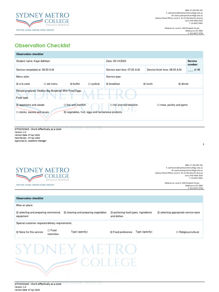 SITHCCC043 Observation Checklist | PDF | Hors D'oeuvre | Lunch