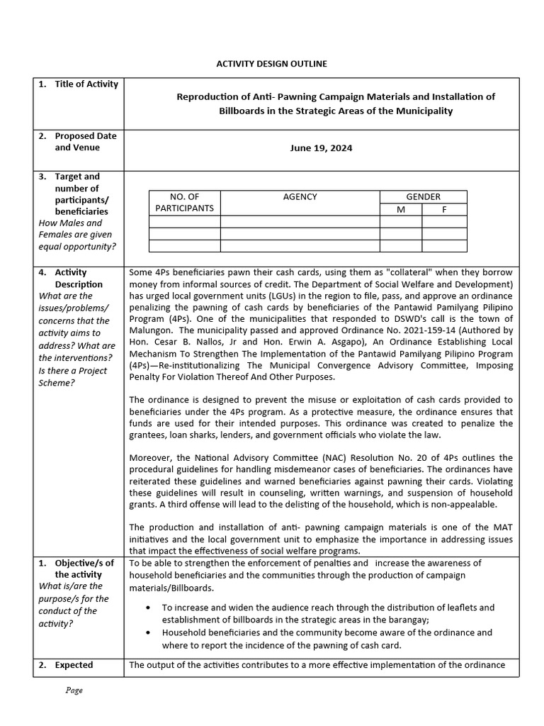 Draft Activity Design Anti Pawning Campaign Materials | PDF