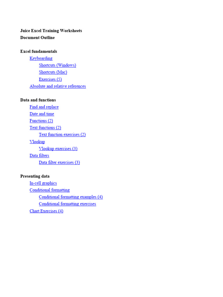 Juice Excel Training Worksheets Document Outline Excel Fundamentals ...