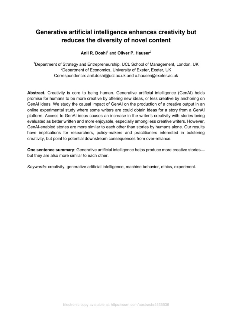 GenAI Boosts Creativity but Reduces Diversity | PDF | Creativity | Artificial Intelligence